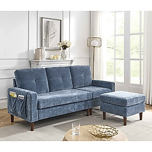 ATY Convertible Sectional Sofa with Removable Ottoman and Cushions, 3 Seats L-Shape Chenille Couch w/Pocket & Rubber Wood Legs, Perfect for Livingroom, Aapartment, Small Space, 80", Navy