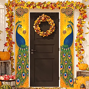 Happy Diwali Porch Banner Indian Diwali Peacock Front Porch Welcome Sign Deepawali Indian Festival of Lights Decorations-12×71''