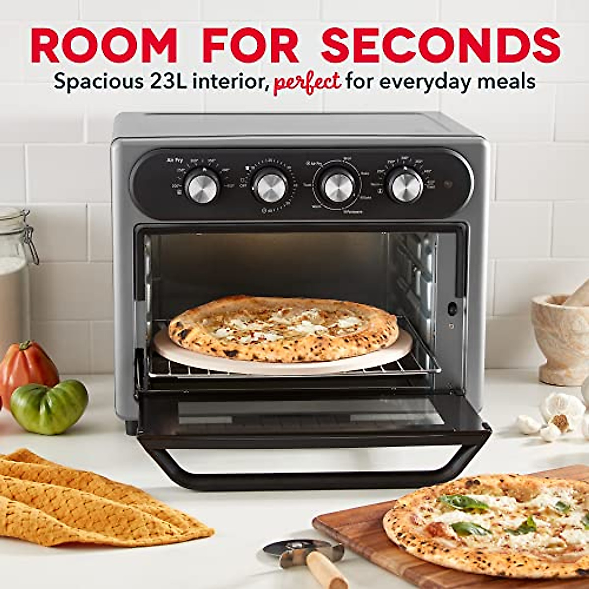 Dash Chef Series 7 in 1 Convection Toaster Oven Cooker, Rotisserie + Electric Air Fryer with Non-stick Fry Basket, Baking Pan & Rack, Skewers, Drip Tray & Recipe Book, 23L, Graphite