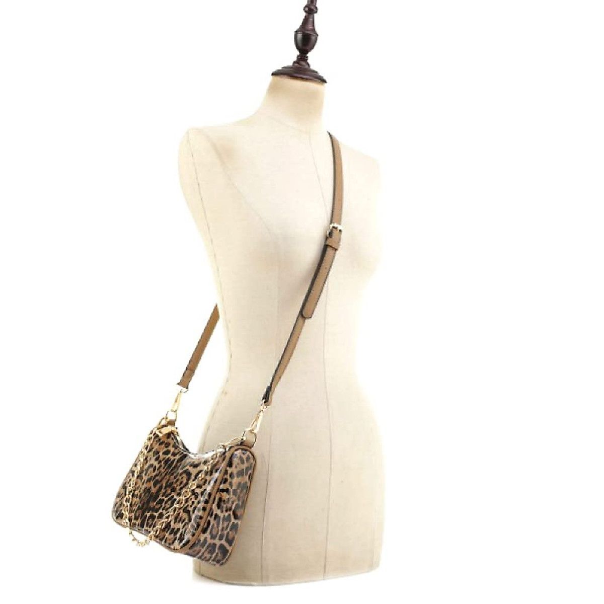 Patent Vegan Leather Womens Girls Leopard Print Retro Vintage Chain Shoulder Bag Crossbody Purse (Red)