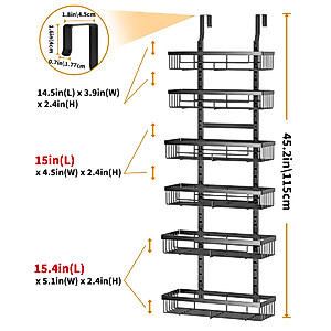 Moforoco 6 Tier Over the Door Food Storage Cabinet Organizer Black Hanging Kitchen Basket Organizer Wall Mounted Spice Rack Rear Cabinet Door Spice Rack Bathroom Home Bedroom Organizer (Black, 6-Tier)