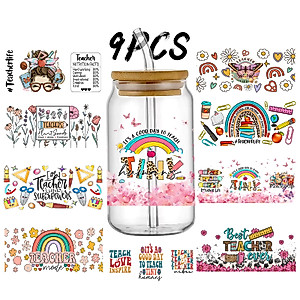 UV DTF Cup Wrap School Transfer for Glass 16oz, 9 Sheetes UV DTF Teacher Transfers Stickers Cup Decals, Rub on Transfers Cup Stickers for Crafts, Ready to Apply, Permanent Adhesive, No Heat Needed