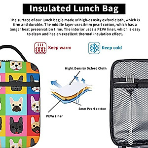 Lizinna Rportable Lunch Bag For Women/Men Insulated,French Bulldog Faces Art Style,Insulatedreusable Lunch Box For Office Work School Picnic Beach,Leakproof Cooler Tote Bag