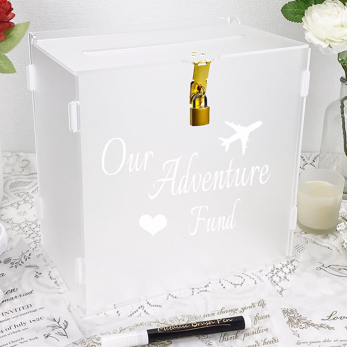 FCDECOR 10" Acrylic Wedding Card Box with Lock, Frosted Card Box for Wedding Reception, HoneyMoon Fund Box Money Box for Bridal Shower Decorations Party Reception Anniversary