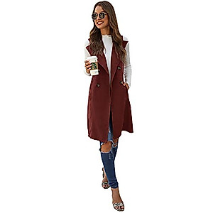 SheIn Women's Double Breasted Long Vest Jacket Casual Sleeveless Pocket Outerwear Longline Burgundy X-Large