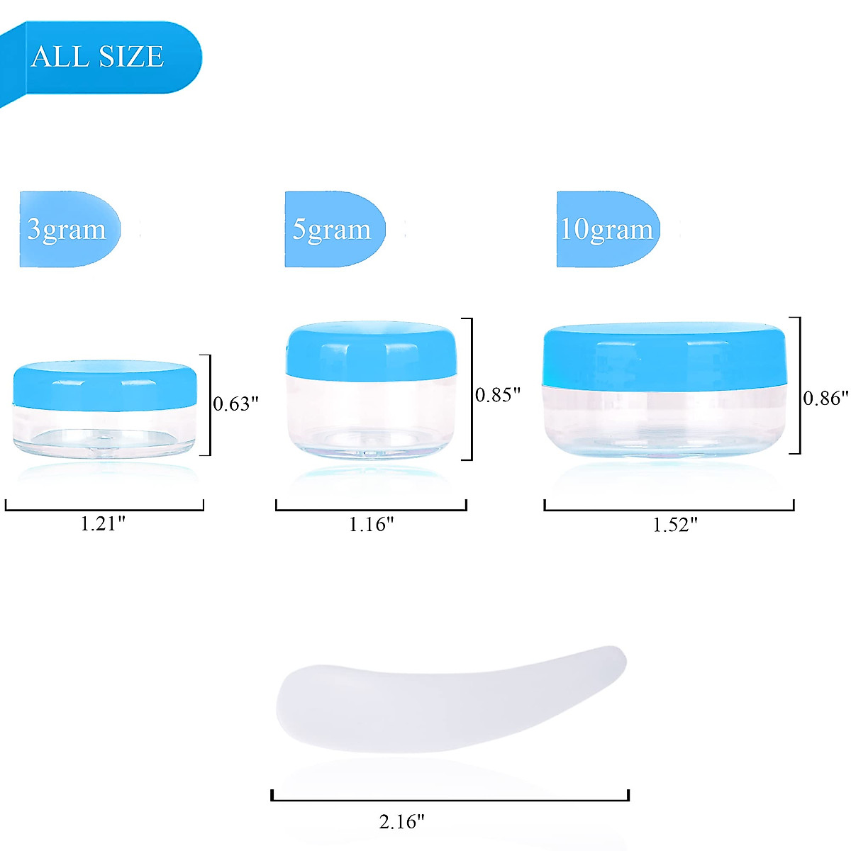50PCS 3 Gram Sample Containers, 3ml Empty Jars with Lids, Small Cosmetic Containers, Mini Sample Jars with 4PCS Mini Spatulas for Make Up, Oils, Lotion, Powder, Paint, Jewelry, Lip Balms(Blue Lid)