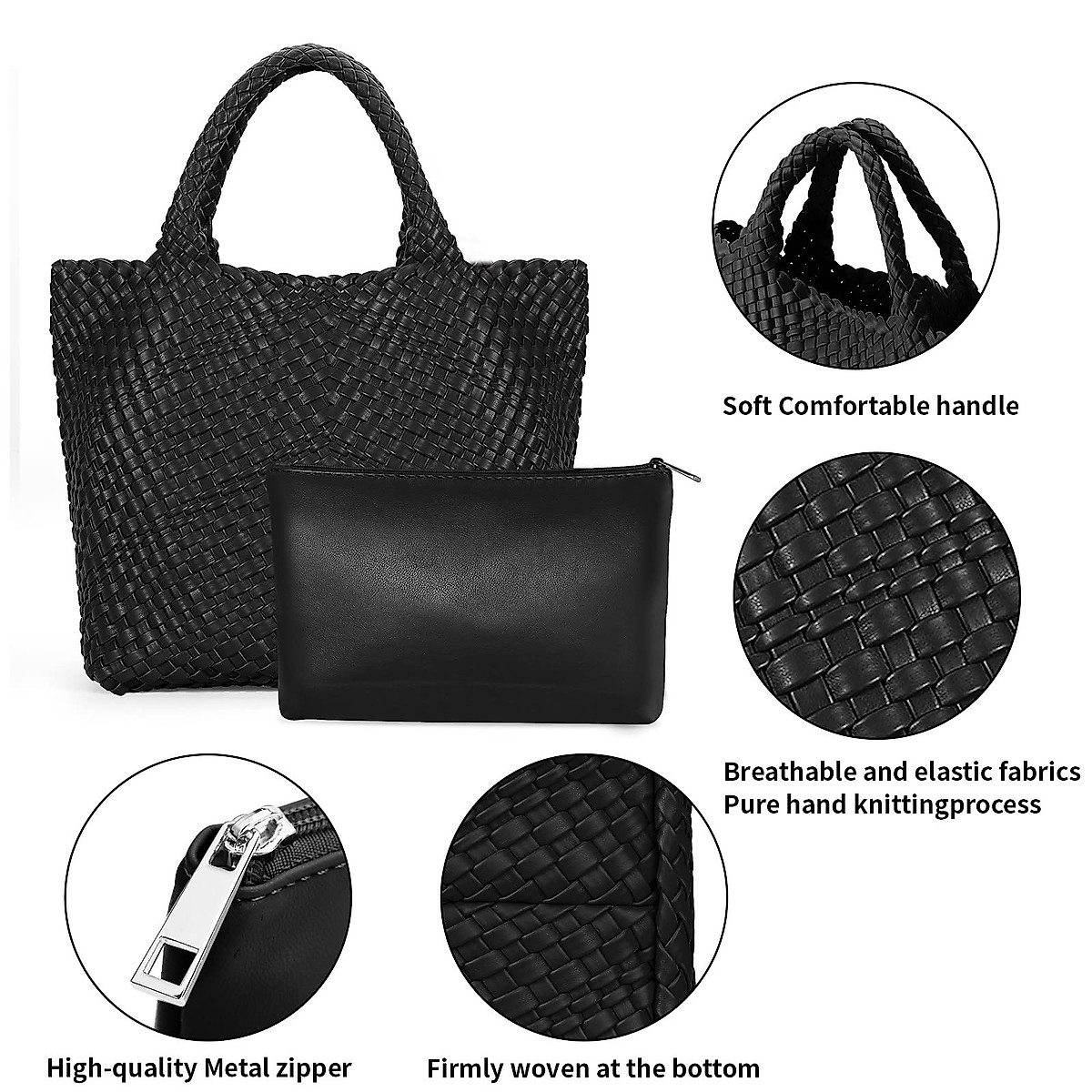 Woven bag for women,Fashion woven tote bag for women,Large vegan soft leather beach travel bag & purse,handmade shoulder bag (Black)