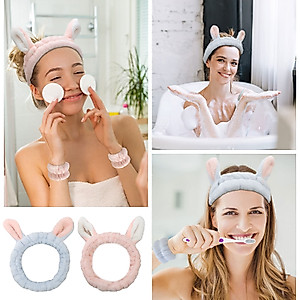 AMCAMI Bunny Ears Shower Set for Women - 6 Pcs Makeup Headbands with Wristband, Elastic Cosmetic Headbands for Face Washing