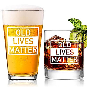 Vivimee Old Lives Matter Beer Glasses & Whiskey Scotch Glasses, Funny Retirement or Birthday Gifts for Dad, Grandpa, Old Man, or Senior Citizen, Gift for Men, Gag Gifts for Men, Mens Gifts