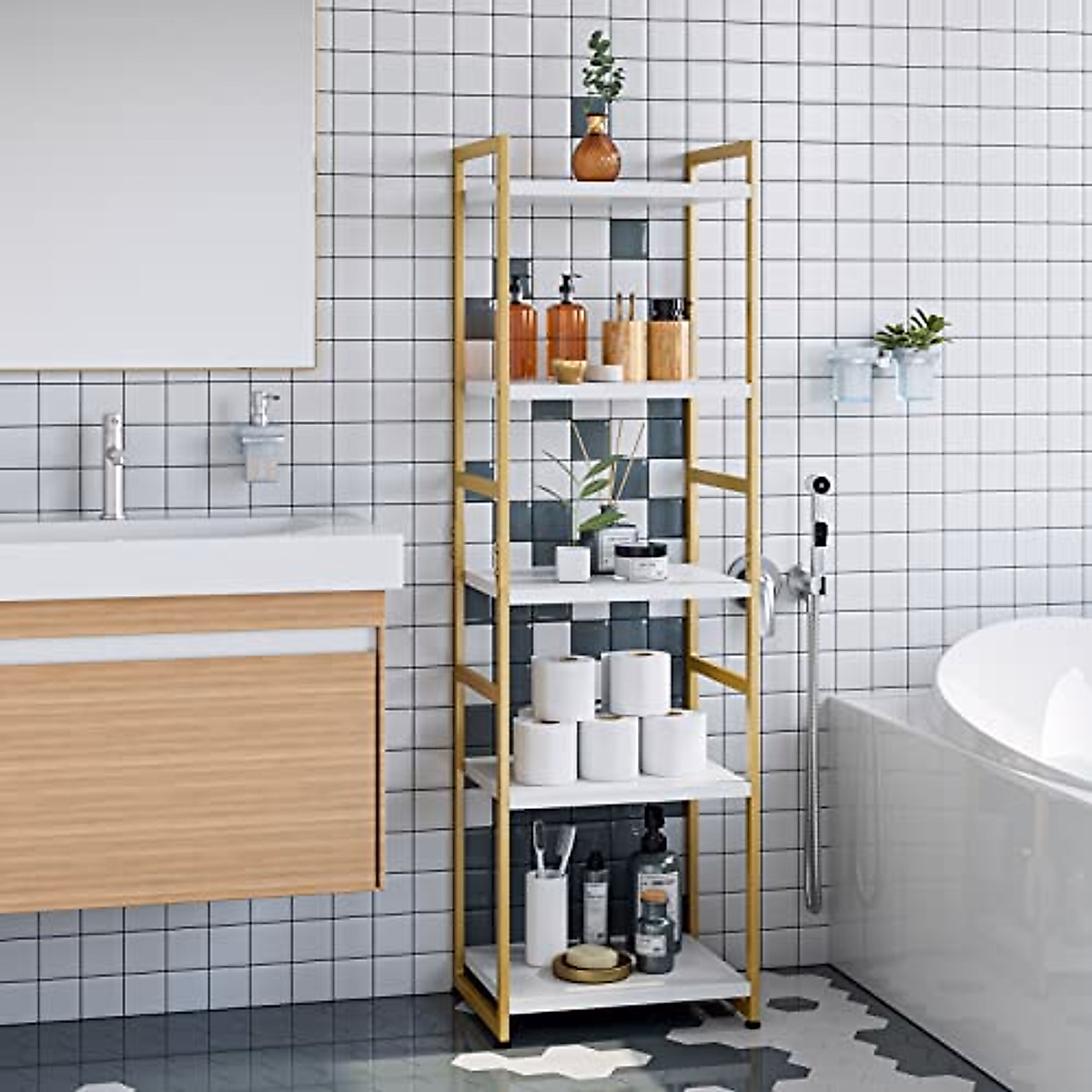 finetones 5 Tier Corner Shelf, Narrow Bookshelf Gold with Metal Frame, Modern Display Storage Organizer for Bedroom Living Room Home Office, White and Gold