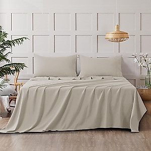 CozyLux Hotel Luxury Full Bed Sheets Set - 1800 Series 4-Piece Embroidered Microfiber Sheets, Double Brushed, 16" Deep Pocket, Soft and Wrinkle-Resistant, Beige