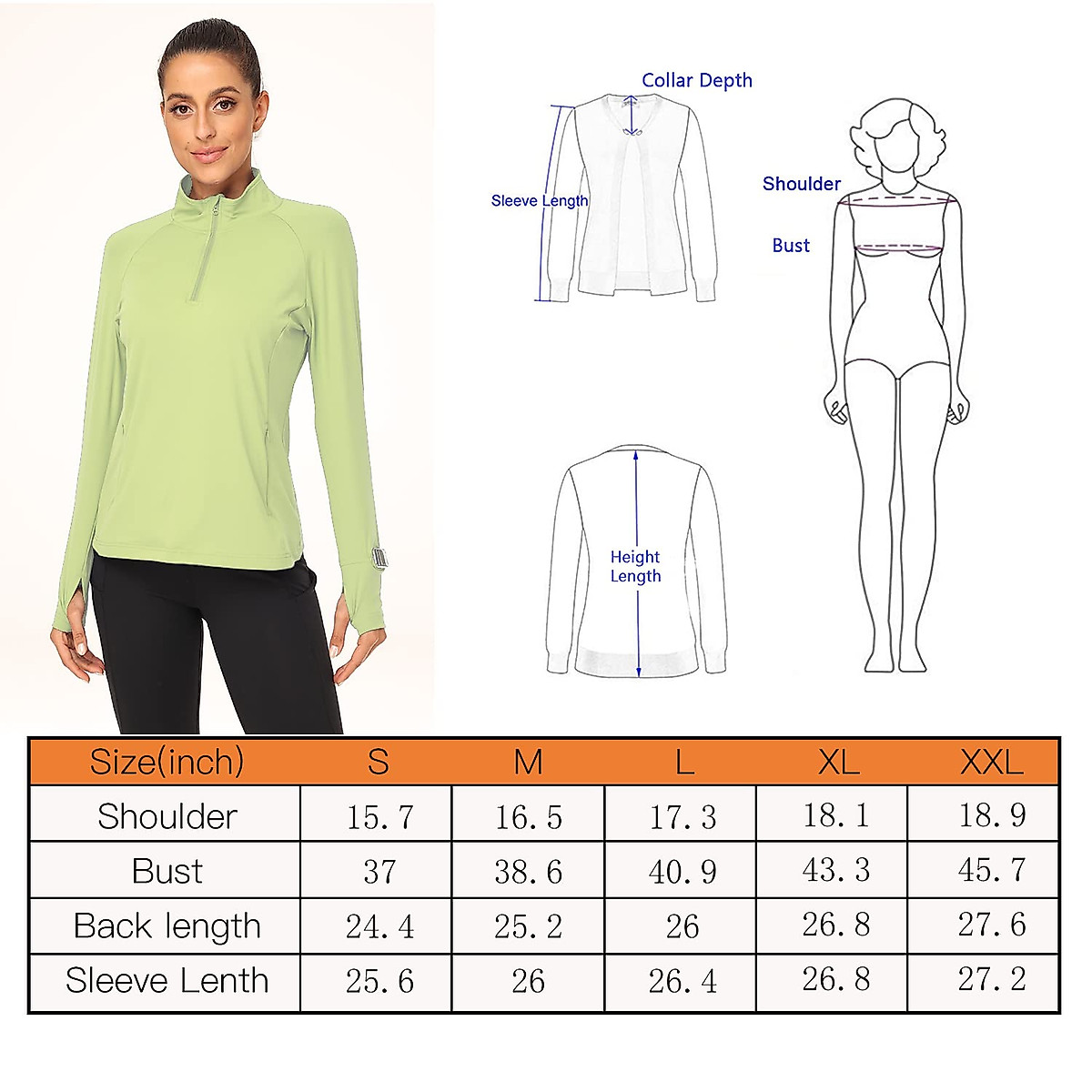 CUNYI Womens UPF 50+ Sun Protection Long Sleeve Quarter Zip Pullover Quick Dry Hiking Shirts with Zipper Pockets Workout Tops, Light Green, XXL