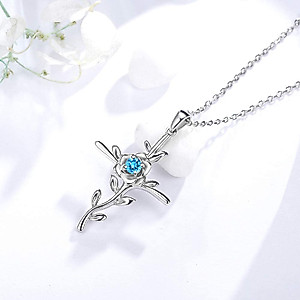 March Birthstone Necklace for Women Birthday Gifts Mom Wife Daughter Love Rose Flower Hope Leaves Aquamarine Jewelry for Her Sterling Silver