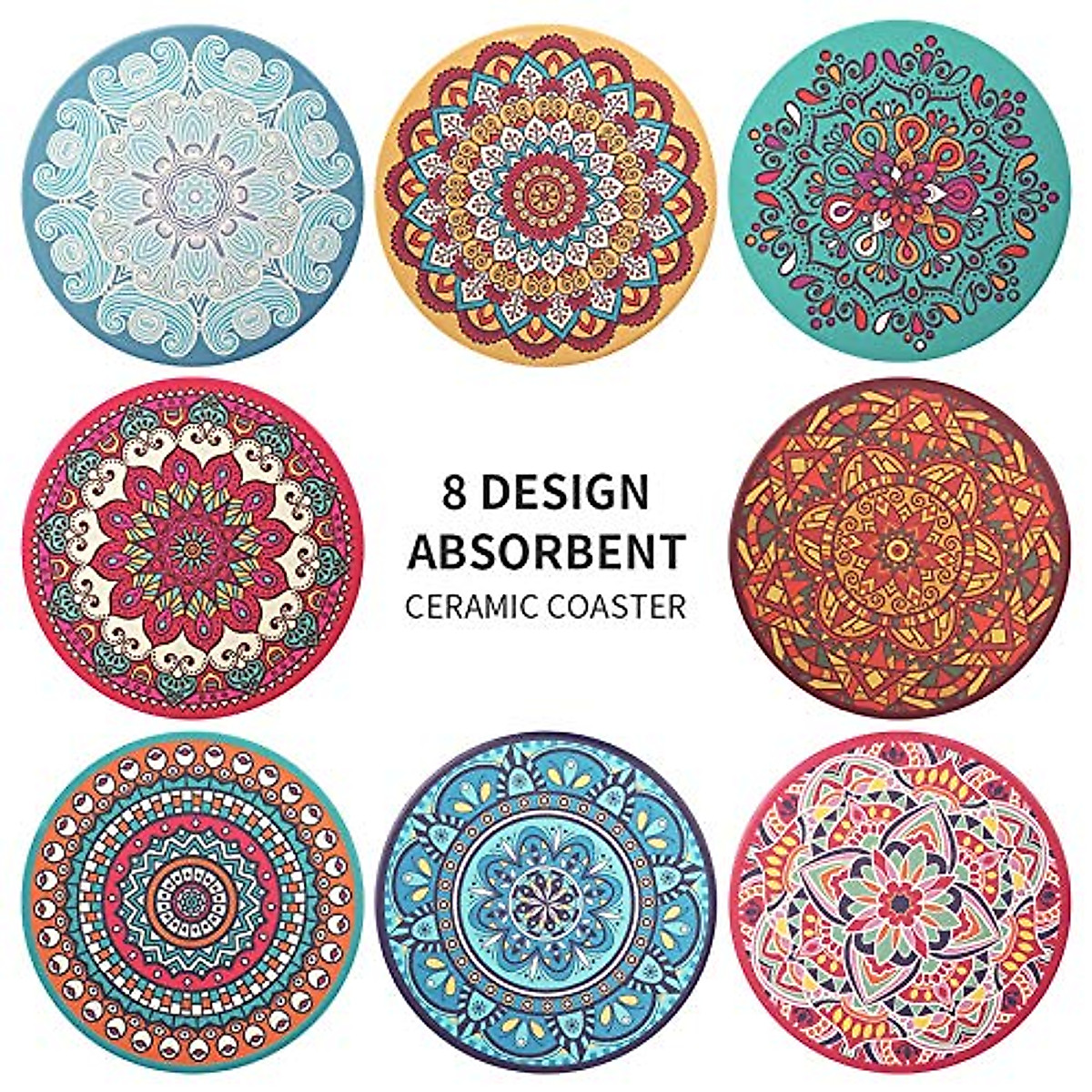 CHEFBEE Set of 8 Coaster for Drinks Absorbent Mandala Ceramic Coasters with Cork Base, Metal Holder, Stone Coasters Set Perfect for Wooden Table, Housewarming, Home and Dining Room Decor