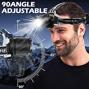 Aikertec Headlamp Rechargeable, 150000 Lumen Super Bright Headlamp Flashlight,4 Modes, 60H Battery Powered, Zoom, Waterproof Head Lamp, Red Blue Hardhat Headlamp for Camping Running Hunting