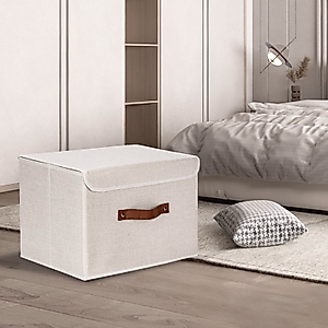 TYEERS Collapsible Storage Boxes, Washable Fabric Storage Bins with Lids, 14.9x9.8x9.8 inches, 3 Pack, Beige