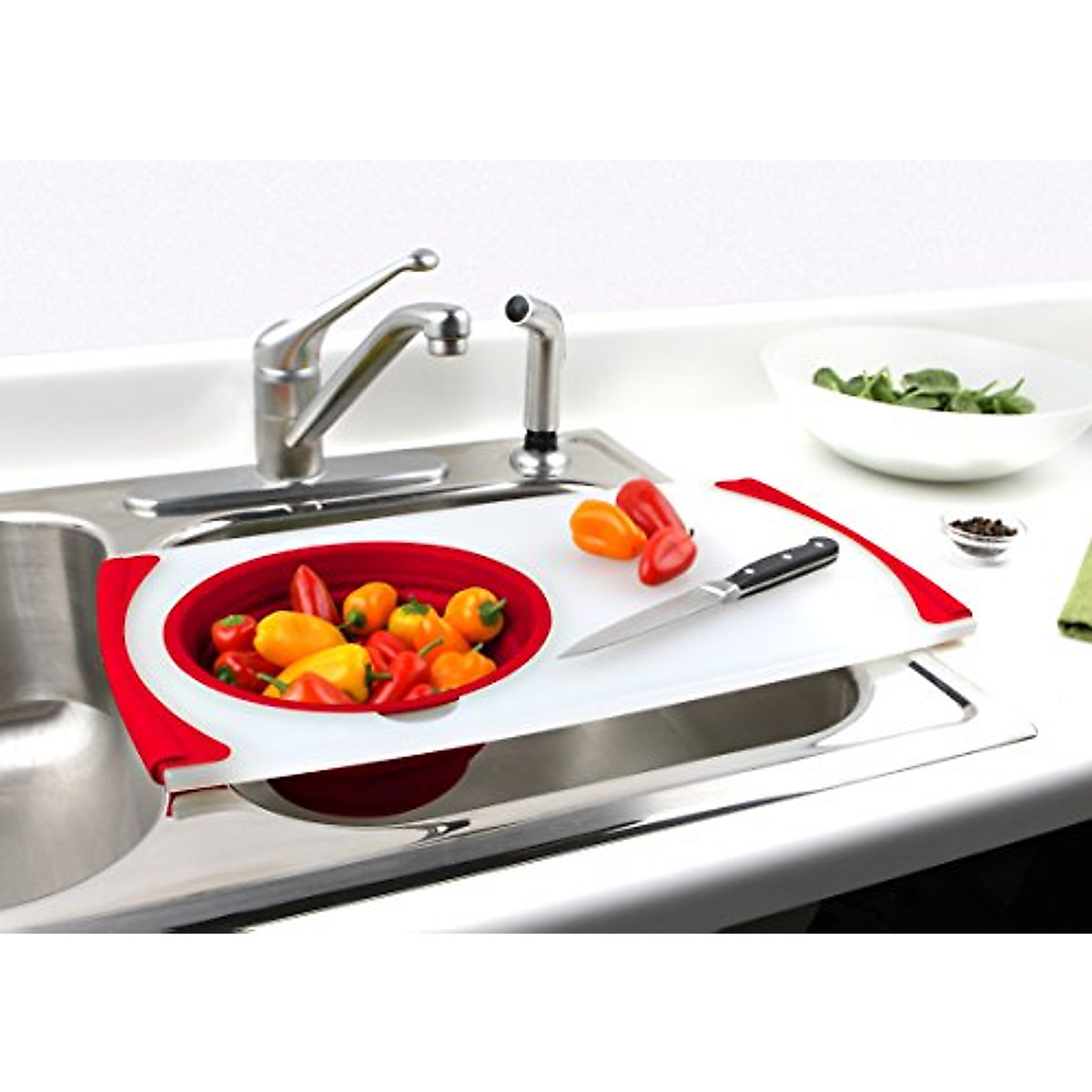 Dexas Over the Sink Strainer Board, 11.5 x 20", Natural/Red