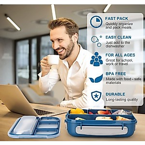 Ylebs Bento Box 1300ML Bento Lunch Boxes For Adults,4 Compartment Lunch Containers With Spoon & Fork,Microwave & Dishwasher & Freezer Safe,BPA Free (Blue)