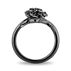 Jewelili Enchanted Disney Fine Jewelry Black Rhodium over Sterling Silver 1/4 Cttw Treated Black Round Diamond Maleficent Black Rose Ring, Size 5