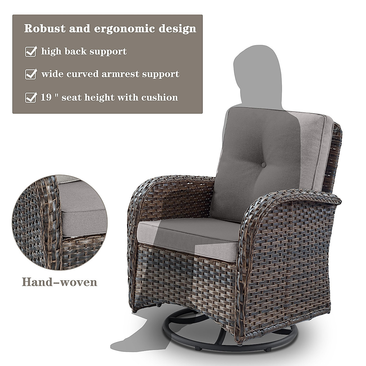 Belord Patio Wicker Chairs Swivel Rocker - Outdoor Swivel Rocking Chairs Set of 2 with Rattan Side Table, Patio Swivel Glider Chair 3 Piece Patio Furniture Sets for Patio Porch Pool Brown/Grey