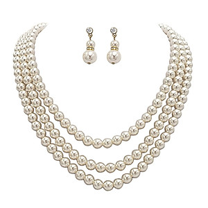 Rosemarie Collections Women's Multi Strand Classic Cream Faux Pearl Necklace and Earrings Jewelry Set, 16"-19" with 3" Extender (Cream/Gold Tone)