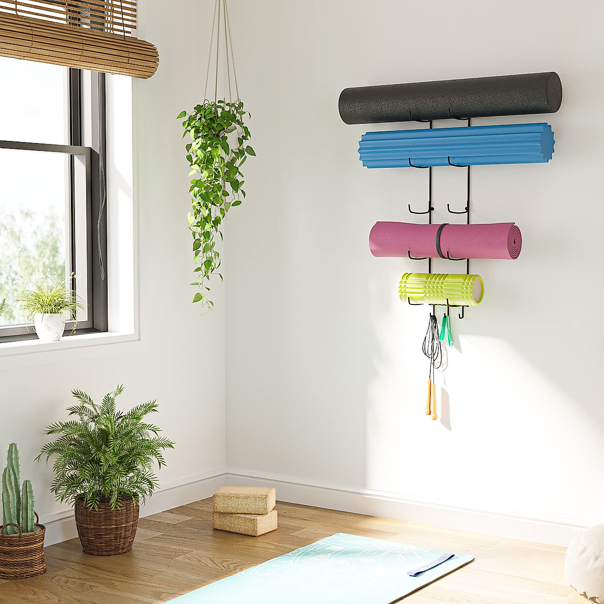 Wallniture Guru Foam Roller & Yoga Mat Holder Wall Mount with 3 Hooks for Hanging Yoga Strap, Resistance Bands, 5-Sectional Metal (Black)