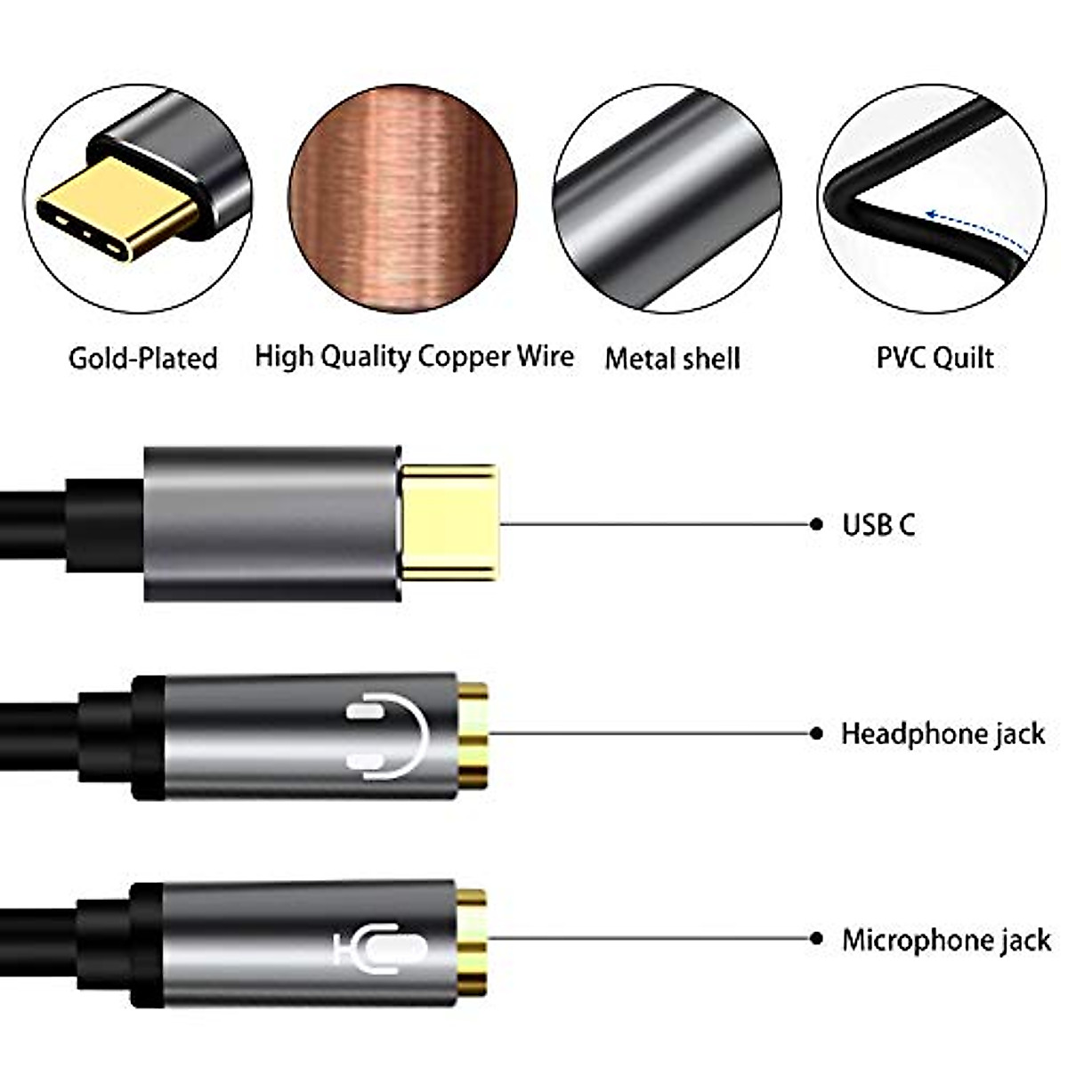 Yeung Qee USB C Headsets Adapter Y Splitter with Separate Headphone and Microphone Plugs Type C Stereo Audio Male to Dual Female Headphone Mic Y Splitter Cable Adapter (6ft)