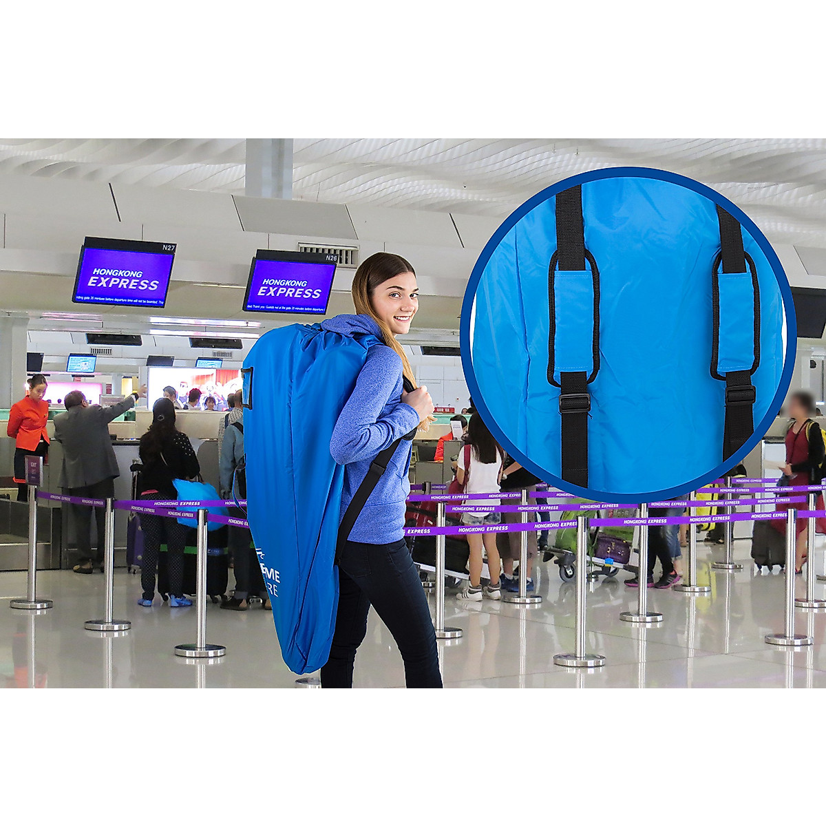 Travel Gate Check Bag For Airplane - Umbrella Stroller Size 45x12x16 600D Nylon Waterproof, Adjustable Shoulder Strap, Blue