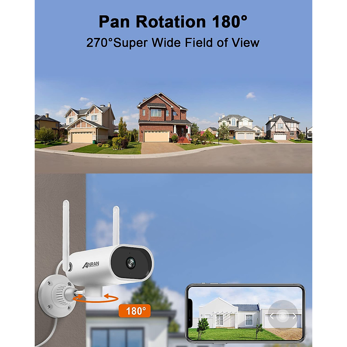 ANRAN Security Camera Outdoor with Pan Rotation 180° Feature, 1080P WiFi Outdoor Security Cameras for Home, IP65 Waterproof, Plug-in Power, 2.4G WiFi, SD and Cloud Storage, B4 White