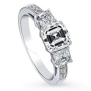 BERRICLE Sterling Silver 3-Stone Wedding Engagement Rings Asscher Cut Cubic Zirconia CZ Promise Ring for Women, Rhodium Plated Size 7