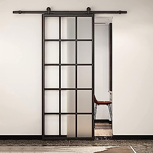 BARNSMITH 36in x 84in Frosted Glass Barn Door with 6.6FT Top Mounted Hardware kit Include Soft Close Mechanism DIY 15 Lites Modern Aluminum Frame Glass Sliding Barn Door Disassembled Easy Installation