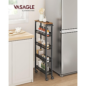 VASAGLE Slim Rolling Cart, 5-Tier Storage Cart, Narrow Cart with Handle, 5.1 Inches Deep, Metal Frame, for Kitchen, Dining Room, Living Room, Home Office, Rustic Brown and Classic Black ULRC034B01