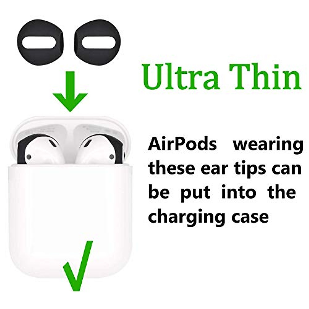 IiEXCEL (Fit in Case) 4 Pairs Replacement Super Thin Slim Silicone Earbuds Ear Tips and Covers Skin Accessories for Apple AirPods or EarPods Headphones (Fit in Charging Case) (Black)