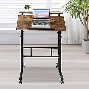 LOHISHILO Mobile Stand Up Desk Adjustable Laptop Desk with Wheels Storage Rolling Table Cart for Standing or Sitting, for Home Office Workstation, Iron-Brown, 27.5-45.3in