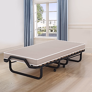 KOMFOTT Folding Bed with 4” Mattress, Foldable Rollaway Bed with Memory Foam Mattress for Adults, Portable Fold Up Guest Bed with Sturdy Steel Frame on Wheels, Made in Italy