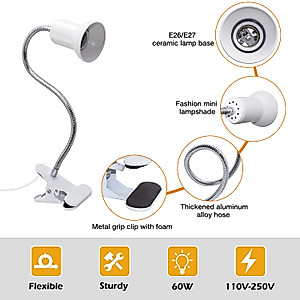 Desk Lamp with Clamp Clip on Light Socket Reading Light White Clamp Light with on/Off Switch Clip on Desk Lamps with 40mm Thick Aluminium Goose Neck 360° Rotatable, for Home Office Bed