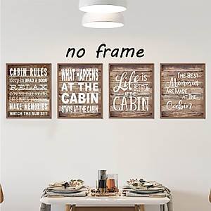 VNWEK Cabin Rules Life Is Better At The Cabin Wood Grain Wall Art Poster Prints Unframed 8”x10”Set Of 4,Cabin Themed Decorations for Home Cabin Front Porch Lake House Porch,Cabin Lovers Gifts