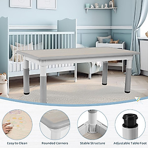 Arlopu Kids Study Table and 6 Chairs Set, Height Adjustable Graffiti Table, Preschool Activity Art Craft Table for 6, Multifunctional Toddler Table, Reading, Drawing, Eating Interaction (Gray)