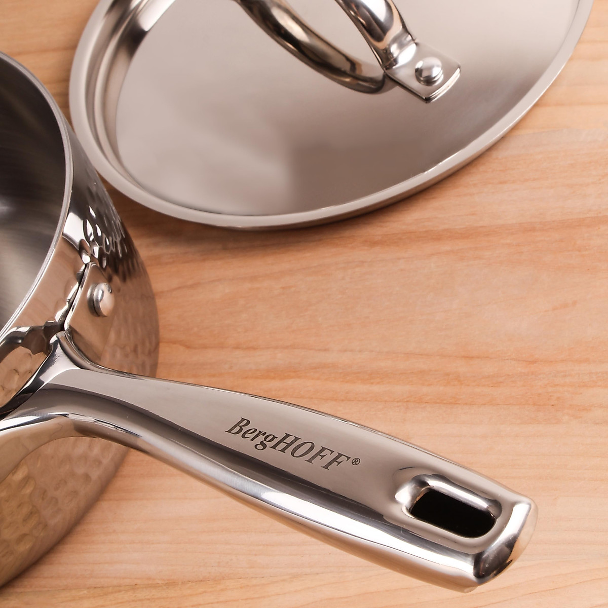 BergHOFF Vintage Tri-Ply 18/10 Stainless Steel Saucepan 5.5in 1qt. With Matching Lid, Hammered, Long and Ergonomic Shaped Handle, Induction Cooktop, Silver