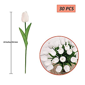 30pcs Real Touch Tulips PU Artificial Flowers, Fake Tulips Flowers for Arrangement Wedding Party Easter Spring Home Dining Room Office Decoration. (White, 14" Tall)
