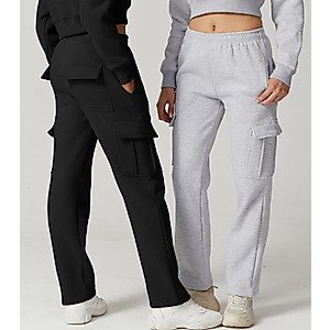 QINSEN Woman's Elastic Waist Long Pocket Pants Wide Leg Casual Fleece Sweatpants Black S