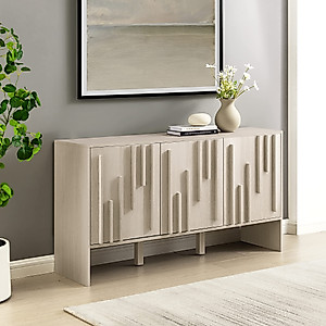 Walker Edison Contemporary Detailed 3-Door Sideboard 55 Inch Ivory Oak