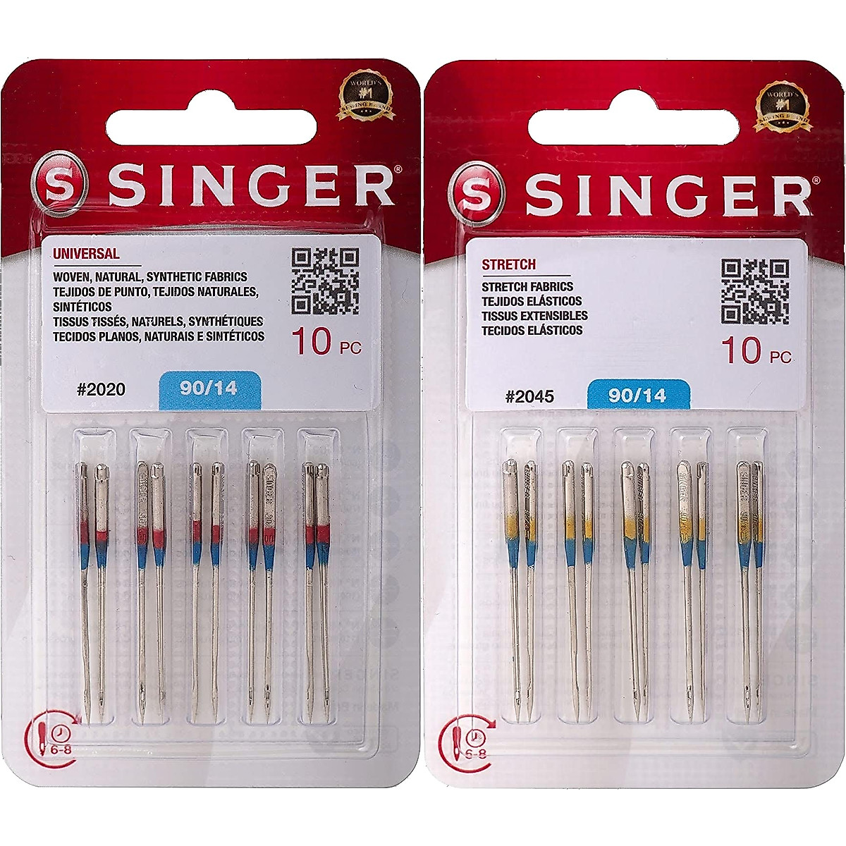 Singer 20 Counts :10-Pack Universal 2020 Sewing Machine Needles, Size 90/14 and Singer 10-Pack Stretch 2045 Sewing Machine Needles, Size 90/14 Bundle with Inceler Brand Plastic Bobbin