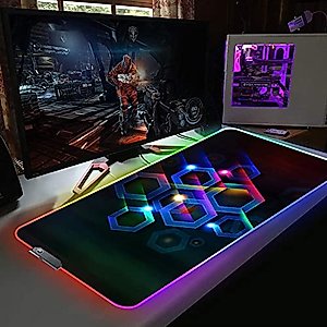 Gaming Mouse Pads Pink Blue Hexagon Geometric Pattern RGB Gaming Mouse Pad,USB Port,14 Lighting Modes Oversized Glowing Led Extended Mousepad,Keyboard Mouse Mat,250X350mm