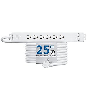Extension Cord 25 ft, Power Strip Long Cord, NTONPOWER Heavy Duty Surge Protector Power Strip, 6 Outlet 2 USB,1875W / 15A Circuit Breaker, 1080 Joules, Wall Mount for Office Garage Kitchen Workbench
