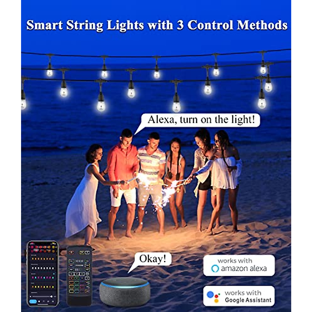 genlar Smart Christmas String Lights, APP Control Patio Lights LED RGBCW Color Changing Lights Dimmable Waterproof Shatterproof Commercial Hanging Lights for Outdoor Cafe Garden (48ft/15bulbs)