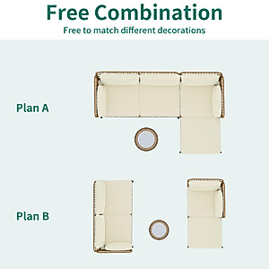 YITAHOME 3 Pieces Patio Furniture Set, Outdoor Wicker Conversation Sectional L-Shaped Sofa with 4 Seater for Backyard, Porch, Boho Detachable Lounger with Cushions and Coffee Table - Beige