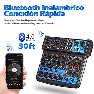 BOMGE 6 Channel mini DJ Audio sound mixer console with USB interface, Bluetooth, Stereo Recording, 48V Phantom Power, 24 DSP effects for karaoke, singing, live，streaming，pc recroding. (white)