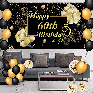 60th Birthday Decorations for Men Women, 60th Birthday Decorations, Happy 60th Birthday Banner, Black and Gold 60th Bday Backdrop