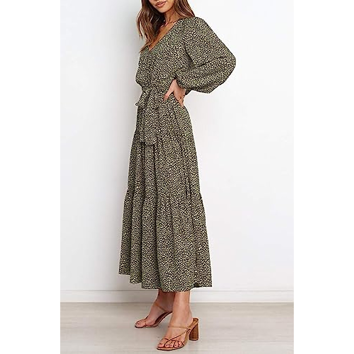 PRETTYGARDEN Women's Long Sleeve V Neck Leopard Print Ruffle Maxi Dress Tie Waist Boho Chiffon Flowy Long Dress (Green, Small)